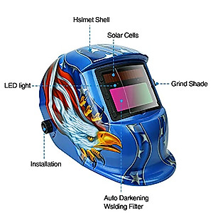 Welding Helmet, Solar Powered Auto Darkening Hood with Adjustable Wide Shade Range 9-13 for Mig Tig Arc Weld Grinding Welder Mask - American Eagle