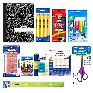 BAZIC School Kit Pack 60 Count, School Supply Box for Elementary Student K-6, Ruler Composition Book Pencil Eraser Crayon, 1-Pack