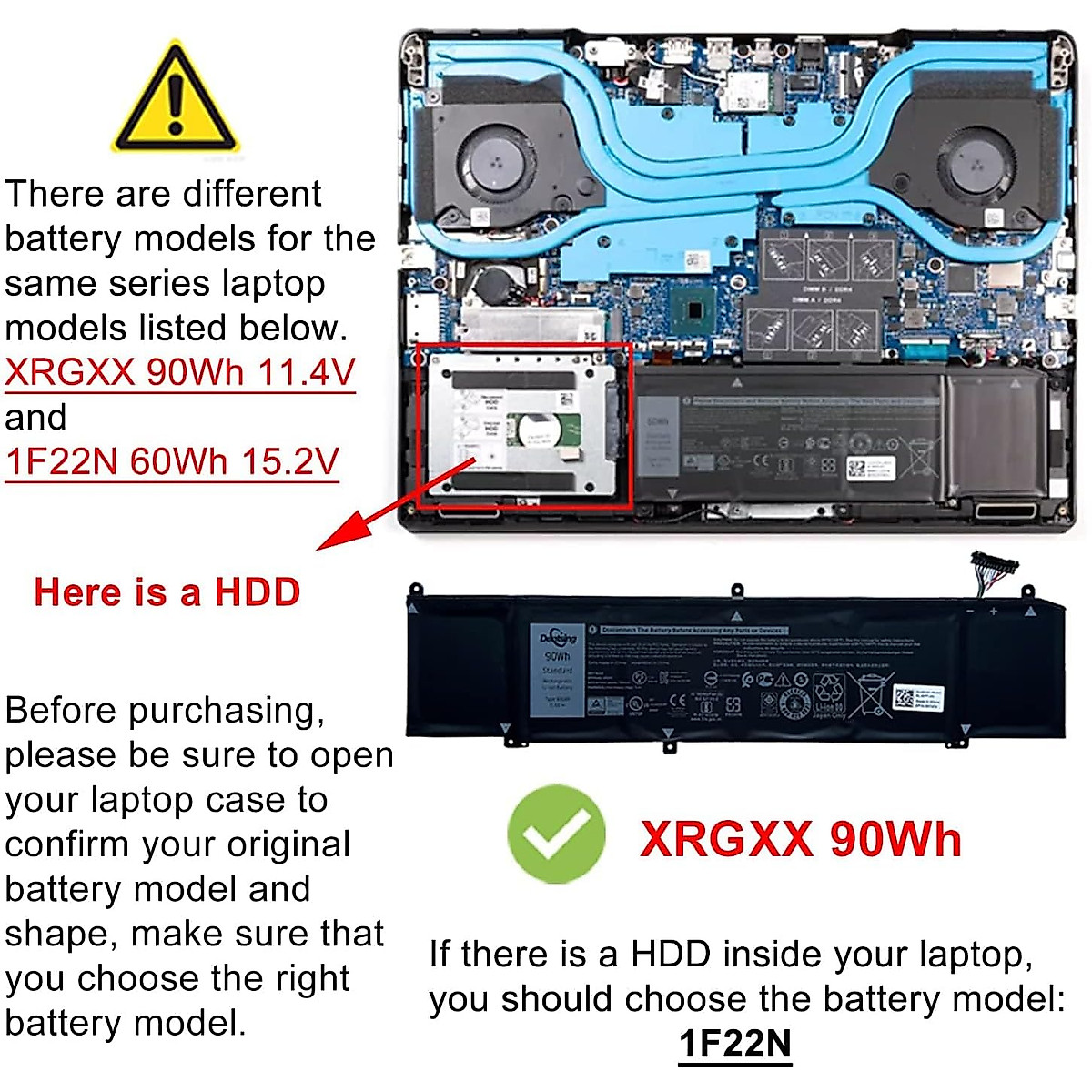 Dentsing XRGXX Laptop Battery Replace for Dell Alienware M15 M17 R1 P82F P79F P37E Dell G5 15 5590 G7 7590 7790 Series Notebook 6YV0V JJPFK 08622M 1F22N 90Wh 11.4V 7500mAh