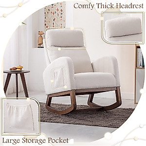 KINFFICT Comfy Rocking Chair, Upholstered Accent Glider Rocker for Baby Nursery or Relaxation, Living Room Armchair with High Back and Headrest, Modern Rocking Glider with Side Pocket, Beige
