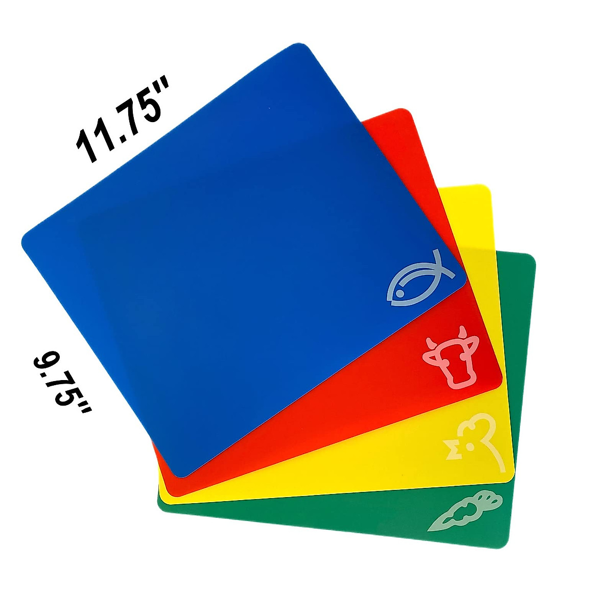 4pc Cutting Boards Flexible Plastic Color Coded Mats Food Icons Meat Vegetable Fish Chicken Chopping Small Busy Kitchen Countertops Catering Thanksgiving Picnic Dinner Party 9.75’’ x 11.75’’