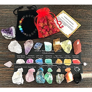 Chakra Therapy Starter Collection 17 pcs Healing Crystals kit, 7 Raw Chakra Stones,7 Colorful Gemstones, Amethyst,Rose Quartz Pendulum,Chakra Lava Bracelet,Dry Roses,Guide,COA,Gift Ready