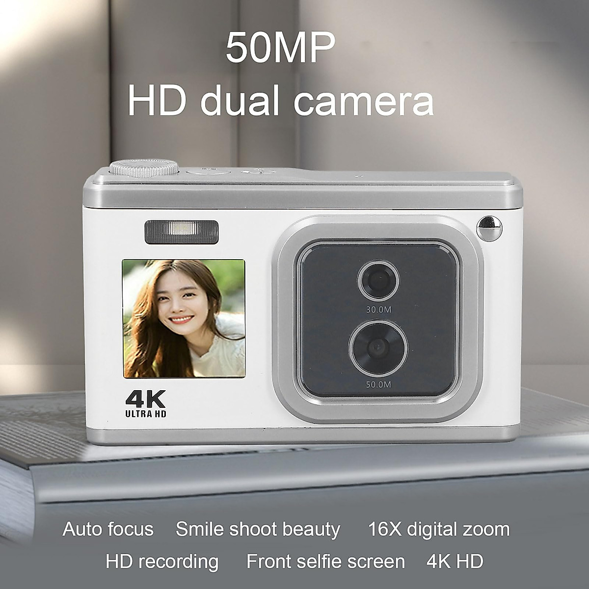 Digital Camera,Kids Camera with Flash, FHD 4K 50MP Compact Vlogging Camera,Point and Shoot Camera 16X Digital Zoom, Portable Mini Camera for Teens Students (White)