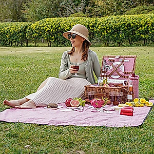 Picnic Basket for 4, Insulated Willow Picnic Baskets with Shoulder Strap, Picnic Hamper with Waterproof Picnic Blanket, Handmade Wicker Hamper for Outdoor, Great Gifts for Thanksgiving, Christmas