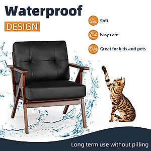 AODAILIHB Mid Century Modern Accent Chair, Retro Wood and Leather Armchairs, Vintage Reading Side Chair Comfy Accent Sofa for Living Room, Bedroom, Studio, Office (1, Black)