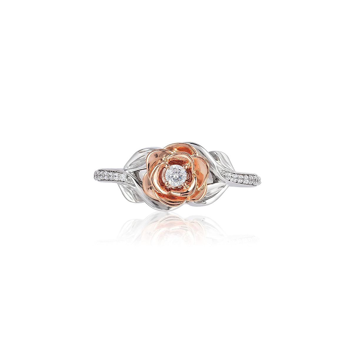 Jewelili Enchanted Disney Fine Jewelry 10K White Gold and Rose Gold 1/5 Cttw Diamond Belle Rose Ring