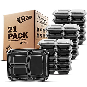 Freshware Meal Prep Containers [21 Pack] 3 Compartment with Lids, Food Storage Containers, Bento Box, BPA Free, Stackable, Microwave/Dishwasher/Freezer Safe (24 oz)