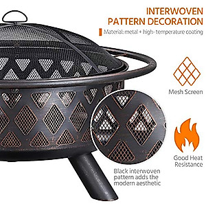 Topeakmart 36'' Outdoor Fire Pit Round Steel Firepit with Mesh Screen Poker Rain Cover for Backyard Garden Camping Bonfire Patio Bench, Bronze