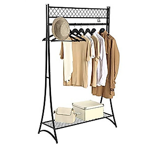 SONGMICS Clothes Garment Rack, Holds 110 lb, Elegant Tower Design, Grid Mesh Bottom Shelf, Clothing Rack for Bedroom Entryway, 37 x 15.9 x 64.6 Inches, Matte Black