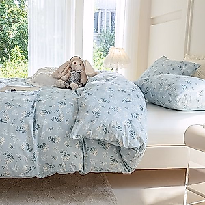 Queen Duvet Cover Floral, 100% Cotton 3 Pieces Floral Queen Bedding Set, Blue Floral Chic Garden Fresh Style Floral Printed Queen Duvet Covers Floral with Zipper Closure (Floral, Queen)