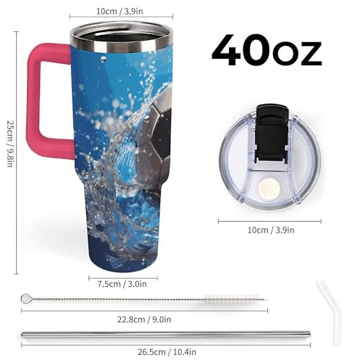 LLUTSNTH 40 Oz Vacuum Tumbler with Light Rose Red Handle Leakproof Insulated Tumbler Soccer Ball Water Stainless Steel Travel Mug with Lid And Straw Coffee Cup Cute Water Bottles Cup Holder Friendly