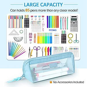 Sooez Large Grid Mesh Pencil Case, Big Capacity Clear Pencil Pouch Pen Bag with Zipper Closure, Cute Stationery Organizer Transparent Makeup Bag for Adult Girls Boys Office School Supplies, Blue