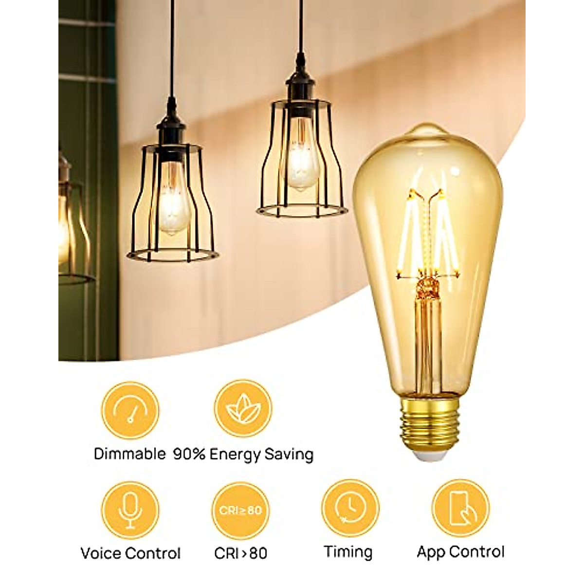 Linkind Smart Edison Bulbs, WiFi LED E26 Edison Bulbs, Dimmable ST64 Vintage Filament Light Bulb, 45W Equivalent, 2200K Soft White, 350lm, Compatible with Alexa, Google Home, No Hub Required, 2 Pack