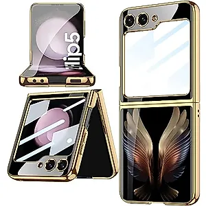 TECHY for Samsung Z Flip 5 Case Ultra-Thin Electroplated Glass Protective Cover for Samsung Galaxy Z Flip 5 Case, Golden Wings