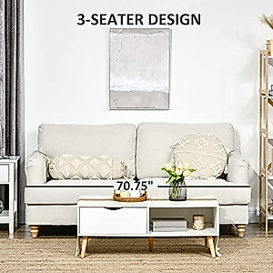 HOMCOM 3-Seater Sofa Couch, 71" Modern Linen Fabric Sofa with Rubber Wood Legs and Slatted Frame for Living Room, Bedroom and Apartment, Cream White