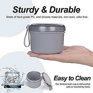Denture Case, No-Leak Retainer Cleaner Case, Denture Cup for Soaking Dentures Retainers Mouth Guard Night Guard, Denture Bath False Teeth Container for Traveling (Gray)