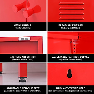 WISUNO Metal Accent Storage Cabinet for Bed Room,Living Room,Home,Hotel,Office,Garage,3-Tier,2 Removable Shelves (2 Metal Door H40.15'', Red)