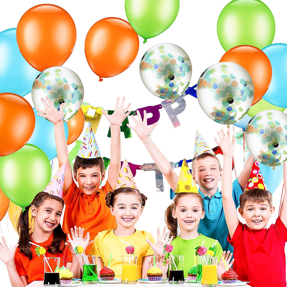 60 Pieces 12 Inch Orange Light Blue Fruit Green Latex Balloons with Confetti Balloon?Dinosaur Balloons and Ribbon for Jungle Jurassic Birthday Party Decorations Supplies