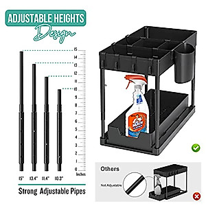 STORVAGE Height Adjustable Under Sink Organizer Kitchen 2 Tier Under Sink Organizers and Storage Bathroom, Sliding Basket Bathroom Cabinet Organizer with Hooks, Hanging Cup & Dividers (Black, 1)