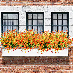 BINDUO 6 Pcs Fake Fall Flowers Artificial Plants Outdoor Daffodil UV Resistant Faux Plastic Flowers Greenery Shrubs Hanging Planter for Home Kitchen Bathroom Garden Patio Balcony Window Decor (Orange)