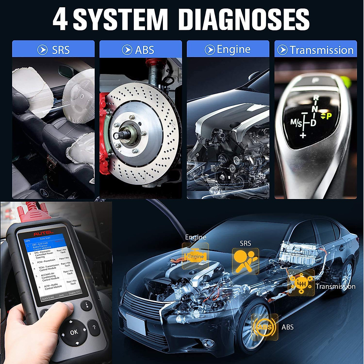 Autel MaxiDiag MD806 OBD2 Scanner, ABS SRS Engine Transmission Four Systems Diagnostic Scan Tool with Oil Reset EPB SAS BMS for Specific Vehicles Up to 2015, Auto VIN, Live Data, Lifetime Free Update