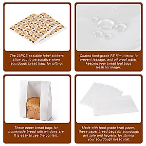 25PCS Paper Bread Bags-White, Sourdough Bread Bags for Homemade Bread, Large Bakery Bags with Window Includes 25PCS Label Seal Stickers for Homemade Bread Storage(13.7x8.3x3.5 inch)