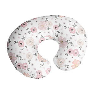 Sweet Jojo Designs Watercolor Floral Nursing Pillow Cover Breastfeeding Pillowcase for Newborn Infant Bottle Breast Feeding Pillow NOT Included - Blush Pink Grey Boho Shabby Chic Rose Flower Farmhouse