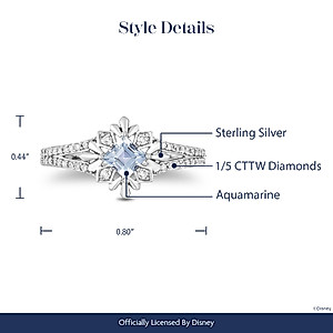 Jewelili Enchanted Disney Fine Jewelry Sterling Silver with 1/5 Cttw Diamond and Aquamarine Elsa Snowflake Ring Size 7
