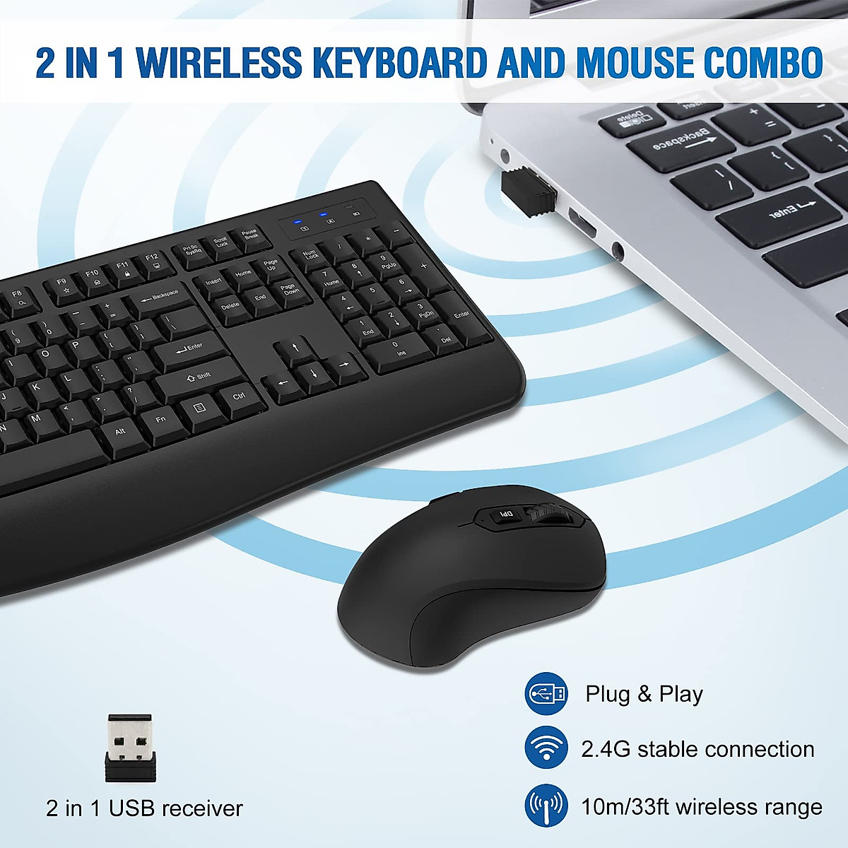 Full-Sized 2.4GHz Wireless Keyboard and Mouse Combo with Comfortable Palm Rest for Windows, Mac OS PC/Desktops/Laptops（Black）