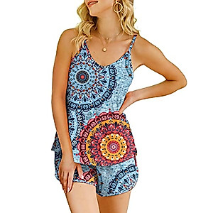 POKWAI Pjs for Women Summer Pajama Sets Shorts Soft Comfy Cooling Cami Pajamas Ladies Pajamas(Flower Multiple Blue,Medium)