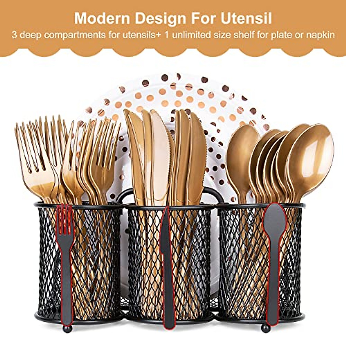 DTICON Metal Utensil Caddy Silverware Organizer, Utensil Holder Cutlery Caddy, Flatware Spoon Fork Storage for Outdoor Party Camping Picnic Buffet RV BBQ Farmhouse Kitchen Countertop (Black)