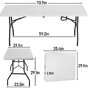 FDW Folding Tables, Plastic 6ft Folding Table,Half Portable Foldable Table for Parties, Backyard Events,White