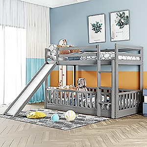 RORIGAT Twin Over Twin Floor Bunk Bed with Slide and Ladder, Low Bunk Bed for Kids Boys Girls Teens, Gray