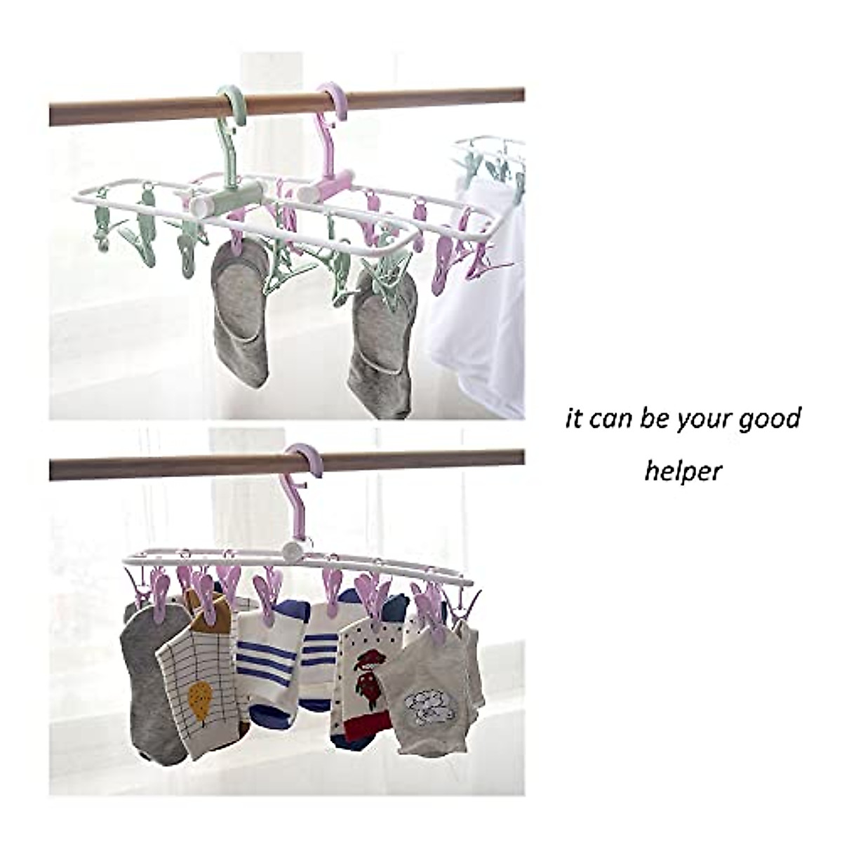 Setaria Viridis Foldable Clip Hangers Clothes Drying Racks Portable Hangers 2 Pack Socks 12 Clips Hook for Drying Towels Baby Clothes Gloves (Lavender Light Green)