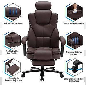 Big and Tall Reclining Office Chair with Footrest 400lbs, PU Leather Executive Office Chairs for Heavy People, High Back Home Office Desk Chair, Ergonomic Managerial Chairs with Wheels (Brown)