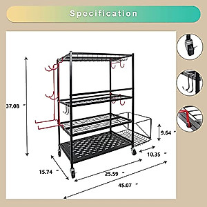 FLIORS Black 4-Tier Storage Shelving Unit with Whelss, Home Gym Storage Rack, Home Gym Workout Equipment Storage Rack, Workout Storage with Wheels and Hooks, Heavy Duty Storage Shelving