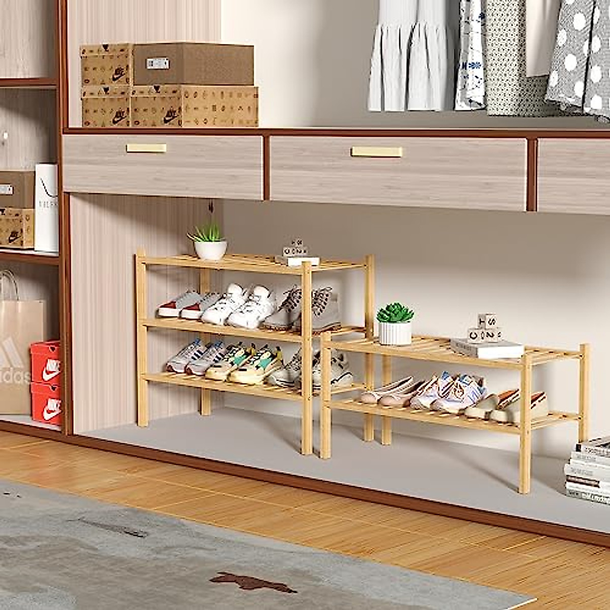 ROMGUAR CRAFT 3 Tier Bamboo Shoe Rack for Closet Free Standing Wood Shoe Shelf for Entryway Small Space Stackable 27"x11"x20" (Natural)
