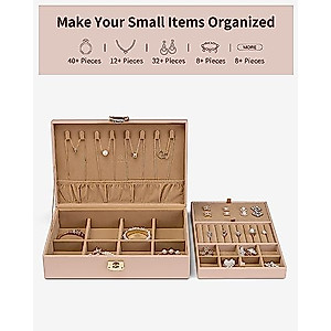 Vlando Jewelry Box for Women Girls 2 Layer Large Jewelry Organizer Storage Case PU Leather Jewellery Stackable Tray for Necklace Earrings Rings Bracelets Home Decor Gifts Beige