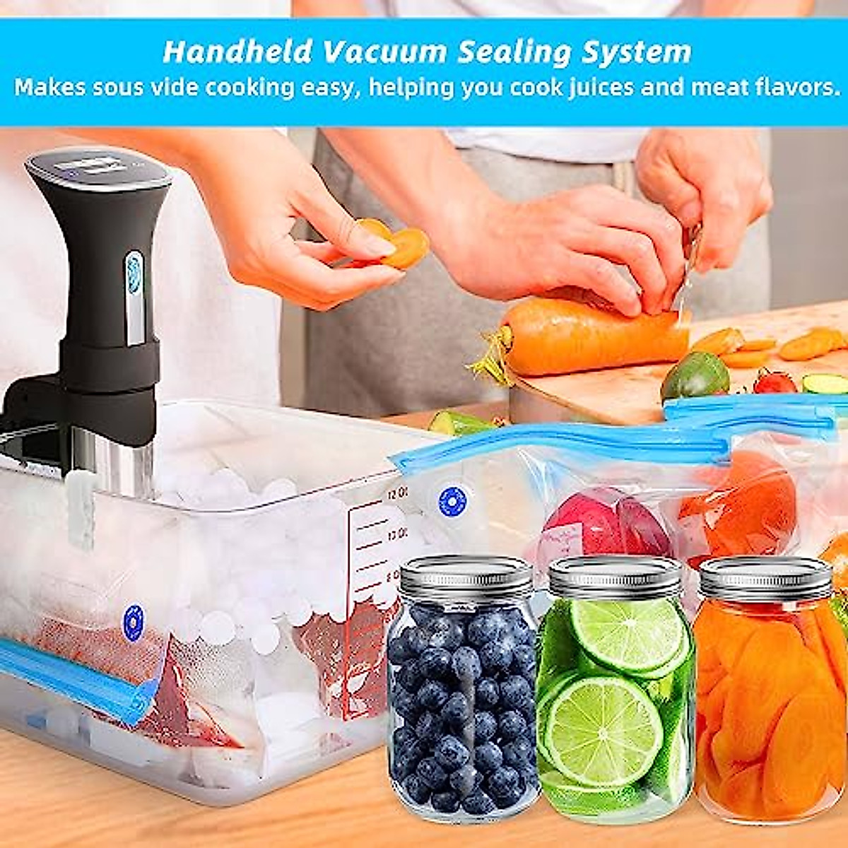 Electric Mason Jar Vacuum Sealer,10 PCS Sous Vide Bags,Handheld Mason Jar Vacuum Sealer,Cordless Vacuum Sealer Kit for Wide-Mouth & Regular-Mouth Mason Jars, for Food Storage and Fermentation