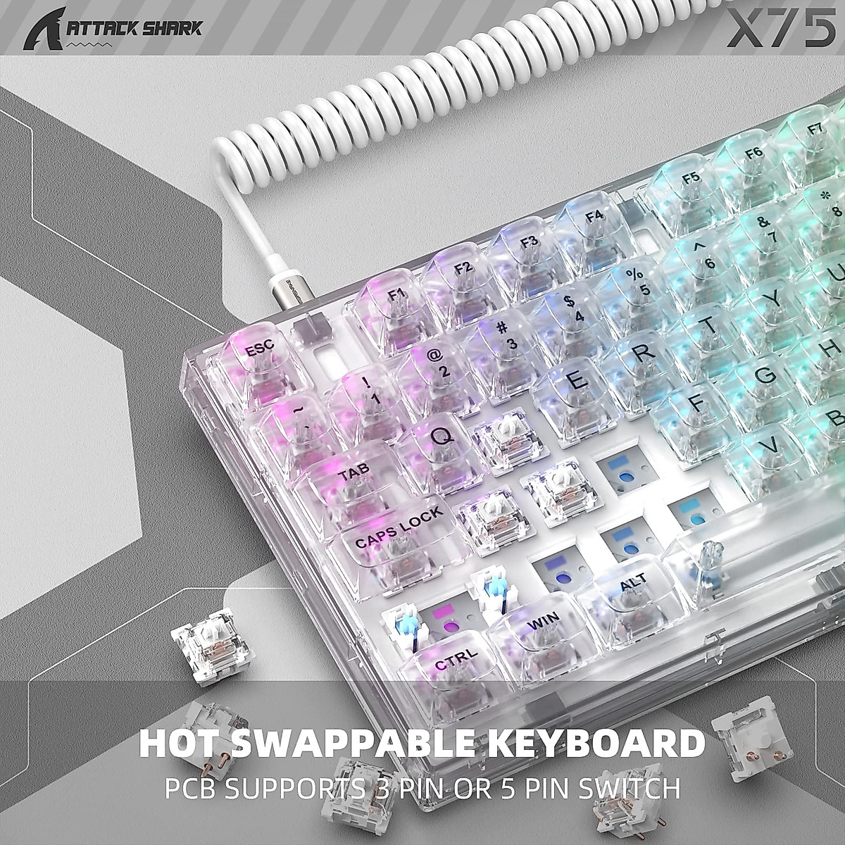 ATTACK SHARK X75 Hotswap Mechanical Gaming Keyboard with USB C Coiled Cable,TKL Tactile Switch,RGB LED,Gasket Mounted,Custom OSA Profile Clear Keycaps for PS4 PS5 Xbox Mac PC Gamer(White,Outemu)
