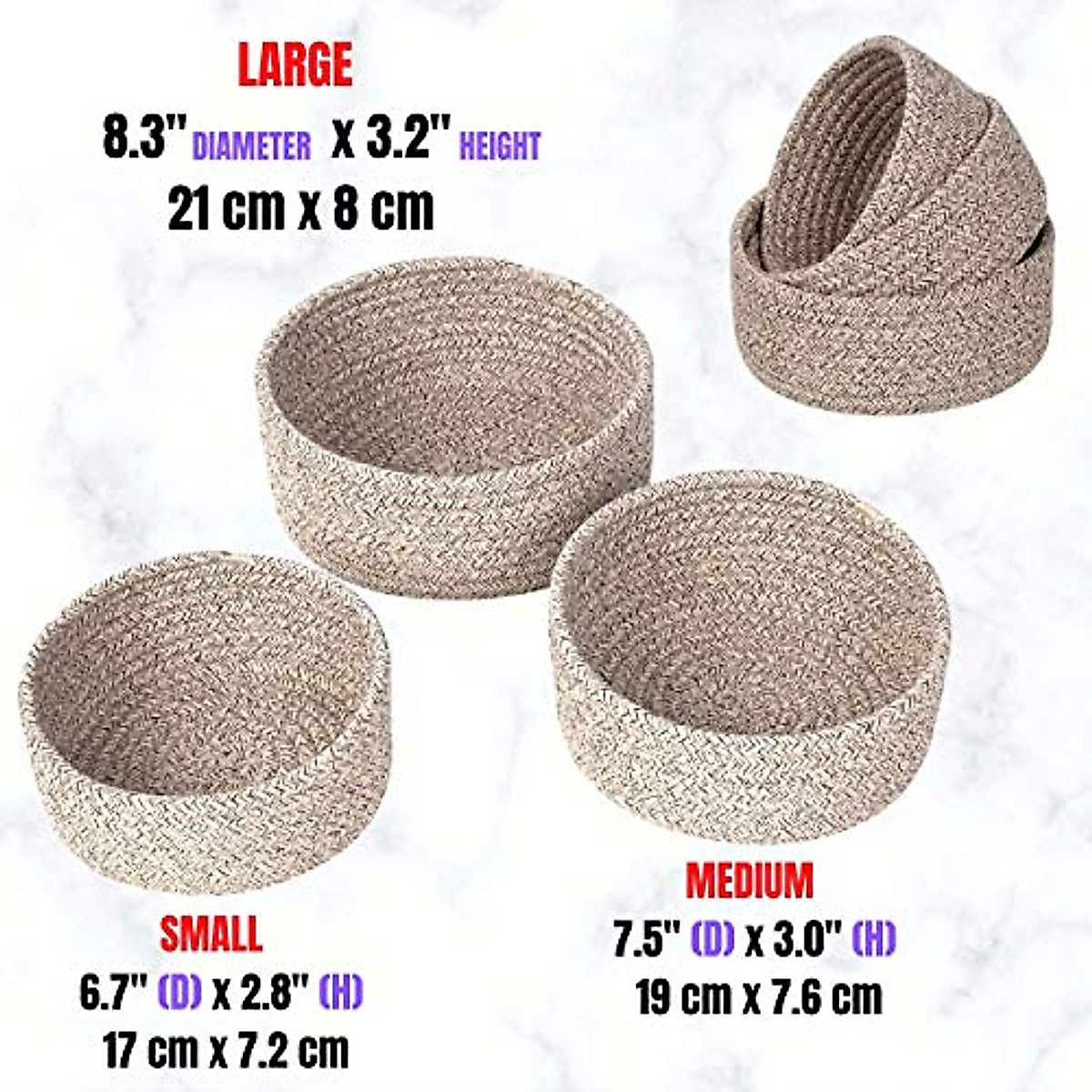 MINTWOOD Design Set of 3 Cotton Rope Nesting Bowls, Small Catch All Basket, Cute Closet Baskets and Bins for Shelves, Mini Table Basket Organizer for Small Accessories, Light Brown