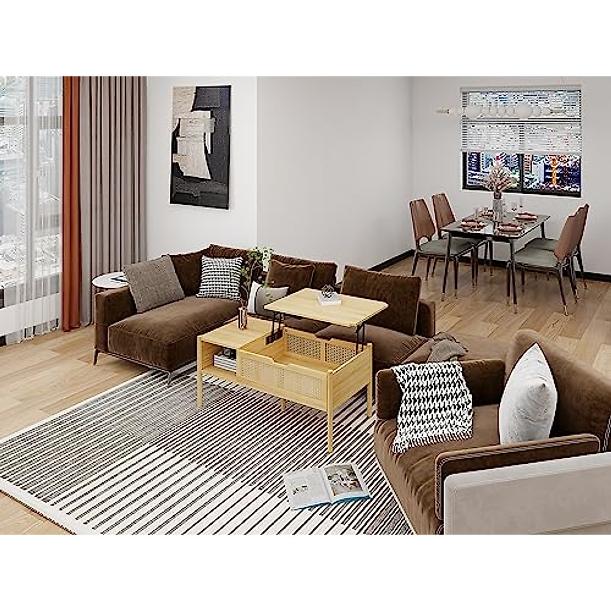 Modern Natural Bamboo and Rattan Table, Lift Coffee Table. Adjustable Storage Rack Living Room