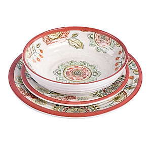 Gibson Home Mauna Melamine Plastic Dinnerware Set, Service for 4 (12pcs), Brick Floral