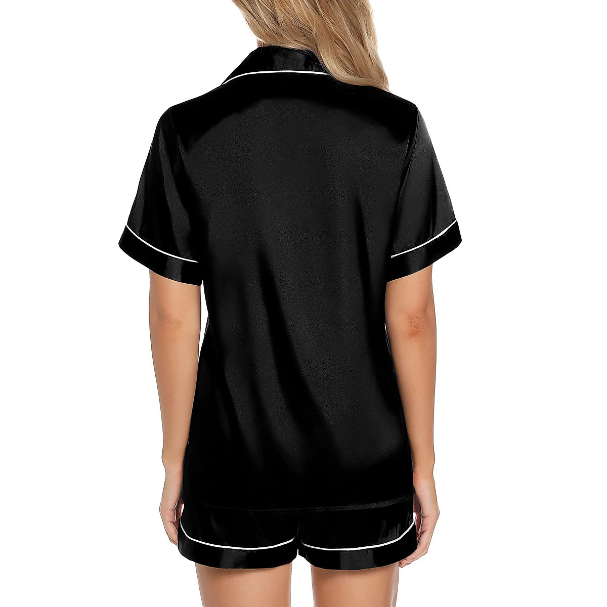 Pjmlifecoco Silk Pajamas for Women Satin Sleepwear Short Sleeve Sleep Shirt with Shorts Soft Loungewear Pjs Set Black