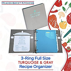 Meadowsweet Kitchens Recipe Binder with Dividers and Labels - Recipe Book Binder, for Recipe Cards, Full Size Recipes/Clippings, Recipe Organizer Book, Make Your Own Cookbook - Turquoise & Gray