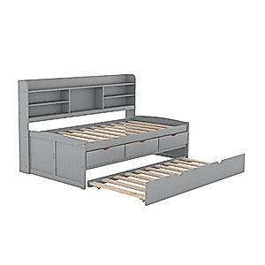 BOVZA Twin Size Captain Bed with 3 Storage Drawers and Trundle, Wood Twin Bed Frame with Built-in Bookshelves for Kids Teens Adults, Light Gray