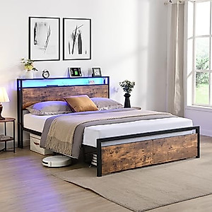 BACSWIHOM Queen Size Bed Frame with Storage Headboard and 2 Drawers, LED Lights Bed with Charging Station, Metal Platform No Noise, Mattress Foundation Strong Metal Slats Support No Box Spring Needed