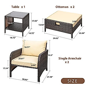 LEVELEVE Balcony Furniture 5 Piece Patio Conversation Set, PE Wicker Rattan Outdoor Lounge Chairs with Soft Cushions 2 Ottoman&Glass Table for Porch, Lawn-Brown Wicker