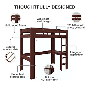 DHP Jaymee Kids Wood Loft Bed with Desk, Twin, Nutmeg