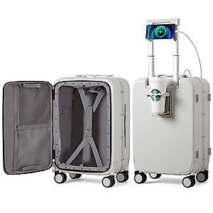 mixi Carry On Luggage with Cup Phone Holder and Charger Hard Shell Suitcases with Spinner Wheels, 20 Inch Smoke White
